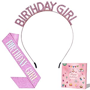 Birthday Crowns for Women,Birthday Girl Sash and Birthday Tiara for Women Girls Set,Birthday Girl Headband Princess Rhinestone Crown Sweet Happy Birthday Gifts Party Decorations Hair Accessories,Pink