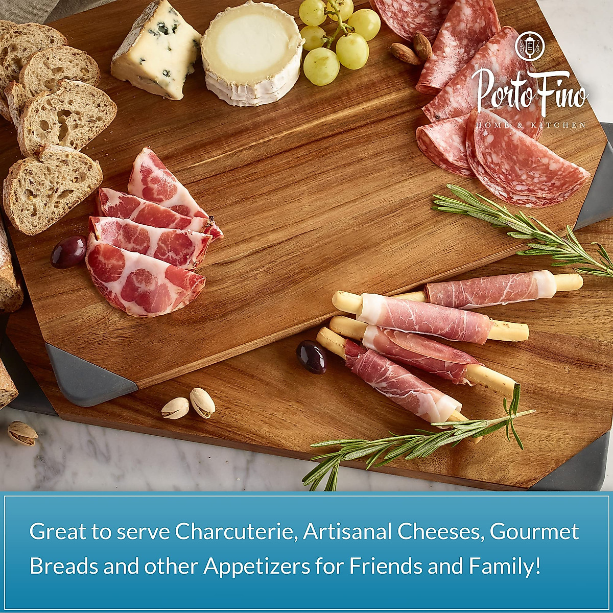 PortoFino Wood Cutting Board - Wooden Cutting Boards for Kitchen - Chopping Board - Cheese Board - Charcuterie Board - Acacia Wood Cutting Board - Non Slip Cutting Board - Tablas Para Picar Cocina