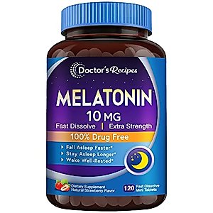 Doctor‘s Recipes Melatonin 10 mg Fast Dissolve 120 Tablets, Natural Sleep Support, Promote Relaxation & Calmness, Non-GMO, Natural Strawberry Flavor, No Water Needed
