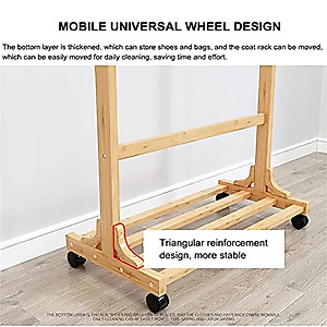 YXDFG Clothing Rack Bamboo Garment Rack,Rolling Clothes Rack,Multifunctional Bedroom Hanging Rack, 4 Layers Wardrobe Storage Shelves with Wheels 6 Hooks