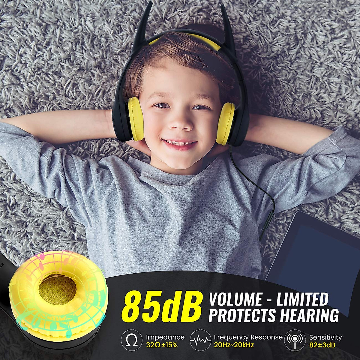 Little Helpers Kids Headphones with VoliBat Ears, Wired Over-Ear Headphones with Music Sharing Function,85dB Volume Limited Hearing Protection,Safe Food Grade Material,3.5mm Jack Headset for Children