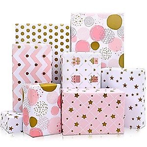 MAMUNU Gift Wrapping Paper for Girl Women, 12 Sheets Metallic Gold Foil and Pink Wrapping Paper, Gift Wrapping Paper Sheets for Birthday, Valentines Day, Wedding, Baby Shower, 28x20inch