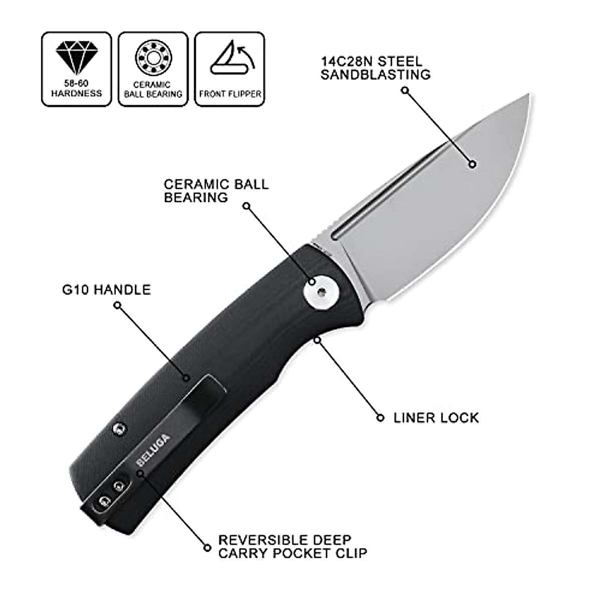 Petrified fish PFP01X Beluga,2.99" 14C28N Sand blasting Blade,95.6g G10 Hande Front Flipper Liner lock Folding knife (Sand blasting, Black G10)