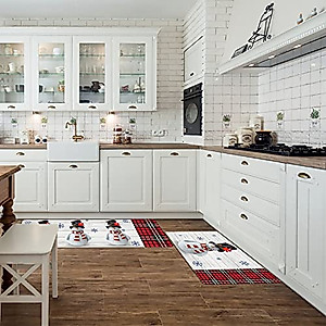 Kitchen Mat Rug Set of 2 Christmas Snowman Classical Red Plaid Farm Wood Grain Runner Rug Anti-Fatigue Comfort Memory Foam Standing Mat Non-Slip Floor Door Mat for Bathroom Bedroom 20x32in+20x47in