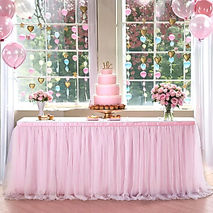 108in Baby Pink Tulle Table Skirts for Rectangle Tables 6ft 8ft 4ft, 2-Layer 9 ft Long Gold Grim Princess Pink Ruffle Tulle Tutu Table Skirt Cloth for Girl Birthday Baby Cake Dessert(No Table Cover)
