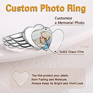 SILVERCUTE Angel Wings Ring with Picture Sterling Silver Feather Heart Engagement Ring Custom Photo Keepsake Jewelry for Women, Size 5 to 11