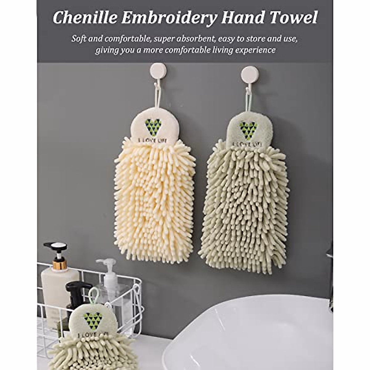 4 Pack Chenille Hand Towel with Hanging Loops, Soft Absorbent Microfiber Embroidery Hanging Hand Towels Plush Quick-Drying Chenille Ball Hand Towels for Bathroom Kitchen (Light Green + Beige)