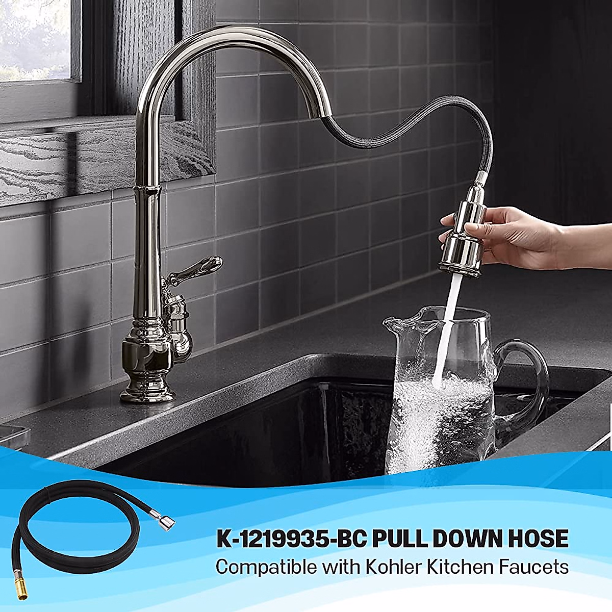 Kitchen Faucet Parts Replacement for Kohler Faucet K-1304674-BC to Hose Adapter extender, sink hose attachment for faucet K-1219935-BC, 67" Inches Pull Down Hose, Bright Chrome Finish