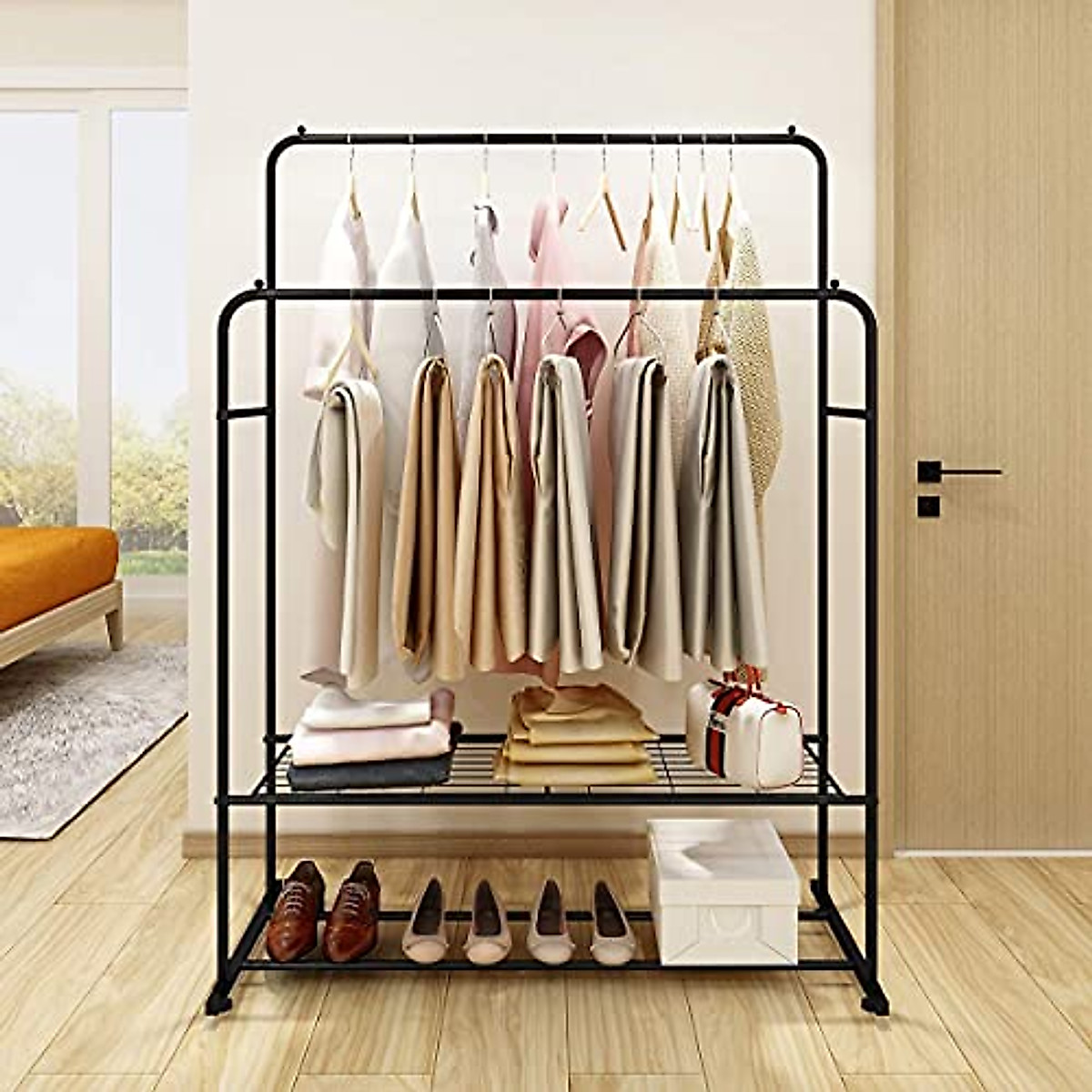 Clothing Garment Rack Metal Heavy Duty Double Rail Clothes Rack Organizer 2-Tier Storage Shelf for Boxes Shoes Boots Commercial Grade Multi-Purpose Entryway Shelving Unit for Home Office Bedroom Black