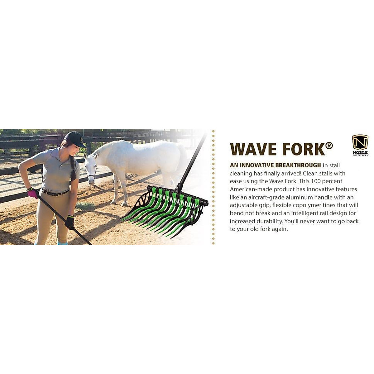 Noble Equestrian Adjustable Wave Fork for Muck, Manure, & Heavy Duty Farm Work, Flamingo