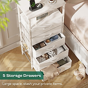 Huuger 5 Drawers Dresser with Charging Station, Dresser for Bedroom, Tall Night Stand, Chest of Drawers with PU Leather Finish, Open Shelf, Bedside Table Nightstand, for Entryway, White