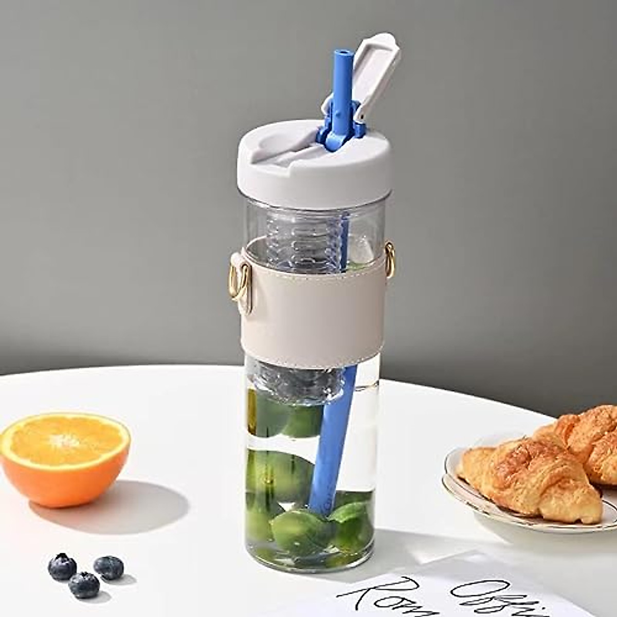 LFRNZS 28oz Water Bottles with Foldable Straw, Wide Mouth Water Tumbler, Iced Coffee Cups,Fruit Infuser Water Bottle,Reusable Boba Cup,Plastic Sports Water Bottle, Shatter-Proof (Grey)