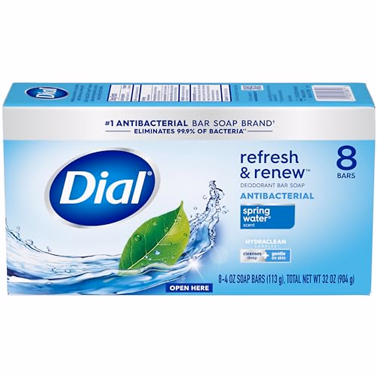 Dial Antibacterial Bar Soap, Spring Water, 32 Bars, 8 Count (Pack of 4)