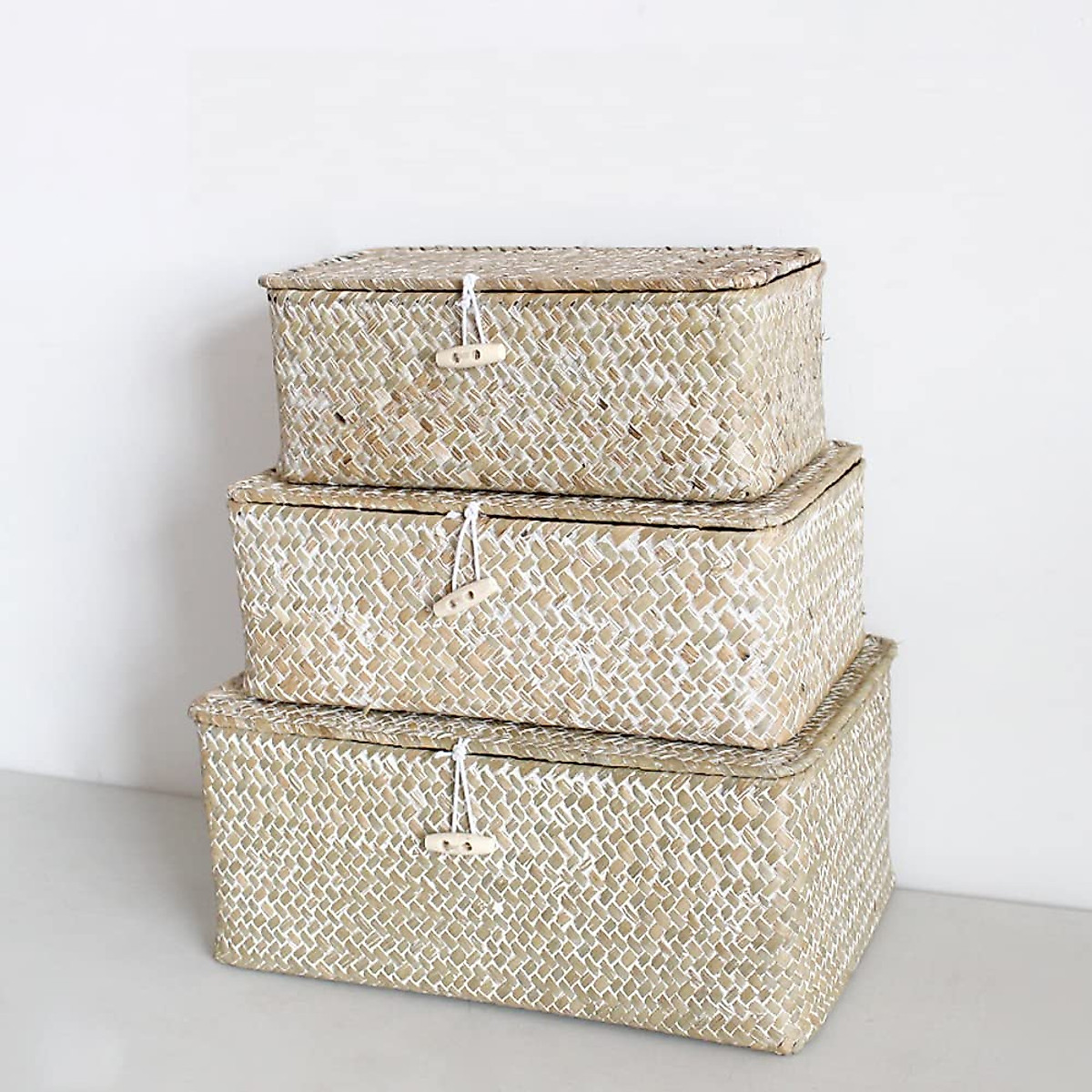 HAPYFURN Seagrass Handmade Woven Storage Basket with Lid Rectangular Natural Rattan Box for Toys Clothes Books Keys Multifunctional Makeup Organizer Set of 3 Shelf Basket