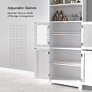 VINGLI 64" Tall Storage Cabinet Bathroom Linen Closet Storage Tower White Organizer Home Decor with 2 Open Shelves 2 Cabinets Glass Doors for Kitchen Living Room Bedroom Laundry Room Entryway Office