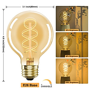 Dimmable G25 Globe LED Edison Light Bulbs 60W Equivalent, 4 PACK E26 LED Edison Bulbs 6W Equal 60 Watt Incandescent Bulb, 2200K Amber Warm G25/G80 Antique Spiral LED Decorative Light Bulbs, 90+ CRI