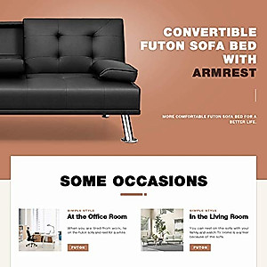 Flamaker Futon Sofa Bed Modern Faux Leather Couch, Convertible Folding Recliner Lounge Futon Couch for Living Room with 2 Cup Holders with Armrest