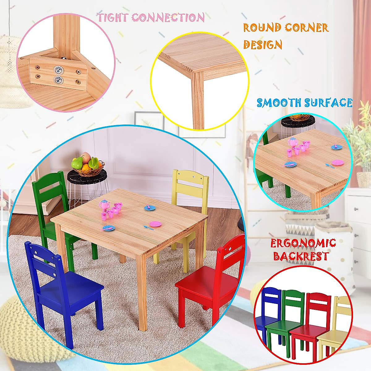 Costzon Kids Table and Chair Set, 5 Piece Wood Activity Table & Chairs for Children Arts Crafts, Homework, Snack Time, Preschool Furniture, Gift for Boys Girls, Toddler Table and Chair Set, Multicolor
