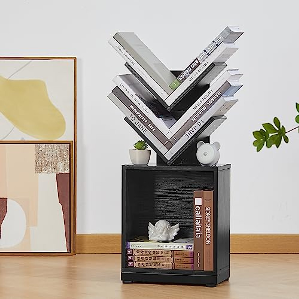 ruboka 2-Shelf Tree Bookshelf with Storage, 26.5-Inch Retro Floor Standing Bookcase Display for CDs/Magazine/Books, Small Bookshelf for Bedroom, Living Room, Office, Black Storage Shelves DESK52B