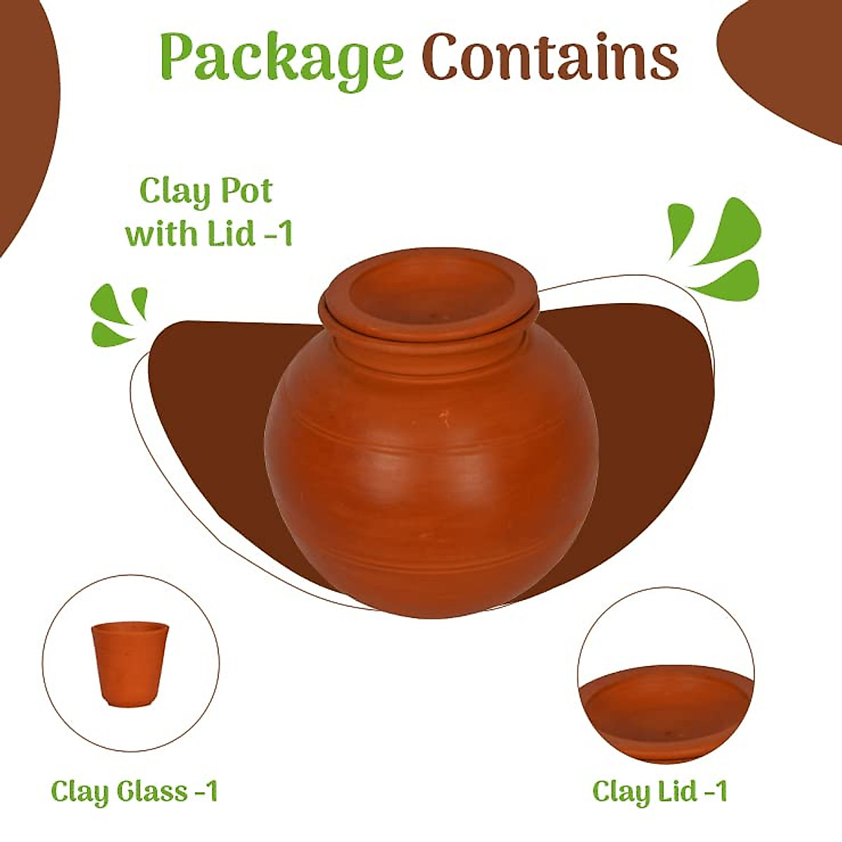 Village Decor Handmade Earthen Clay Water Pot with Lid and Glass (Capacity 4000 ml / 135 oz)