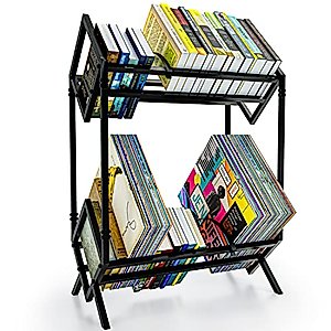 SAYONEYES Vinyl Record Storage – Mate Black Vinyl Record Holder 160 to 200 LP Capacity - Durable Metal Two Tier Record Holder for Albums, Books, Magazine and Office Files