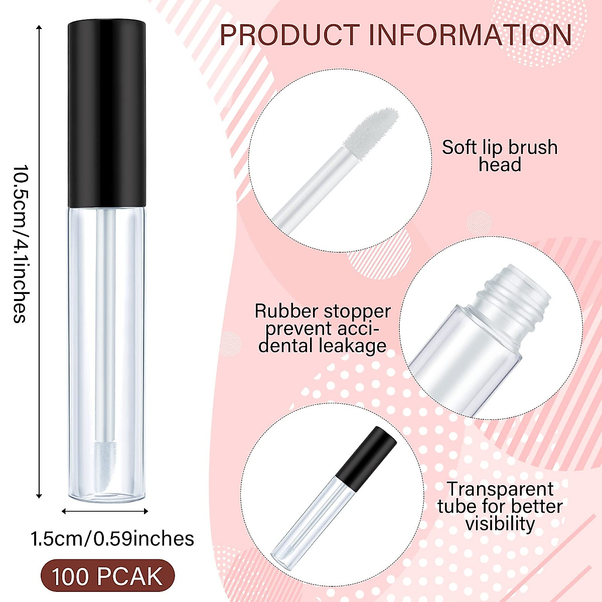 Nuanchu 100 Pcs 10 ml Empty Lip Gloss Tubes Clear Mini Refillable Lip Balm Gloss Containers Bottles Plastic Lip Gloss Containers Lip Gloss Tubes with Wand and Rubber Inserts DIY Makeup (Black)
