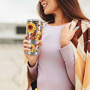 Whaline Fall Watercolor Sunflower Tumbler Stainless Steel Wine Tumbler with Straw and Cleaning Brush Autumn Thanksgiving Coffee Mug Cup for Women Girlfriend Besties Wife Lover Spouse Squash Gifts,1Pcs