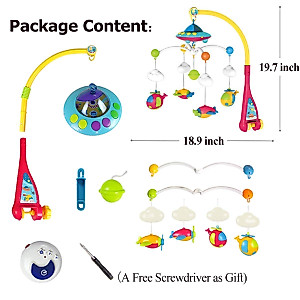 Baby Musical Crib Mobile with Light and 108 Melodies Music Box,Star Projector Function, Remote Control and Hanging Airplane Rattles Rotating,Gift Toy for Newborn