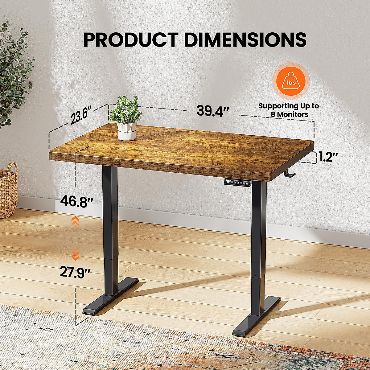 ErGear Whole Piece Standing Desk, 40x24 Inch Thick Adjustable Desk with 4 Height Memory, Electric Sit Stand Desk with Cable Management Tray, Ergonomic Desk for Home Office, Vintage Brown, EGESD72V