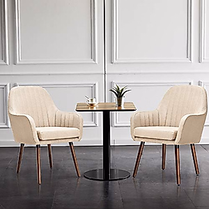 Giantex Set of 2 Fabric Dining Chairs, Accent Upholstered Arm Chair w/Wood Legs, Thick Sponge Seat, Non-Slipping Pad, Modern Leisure Chair for Dining Room, Living Room, Bedroom (2, Beige)