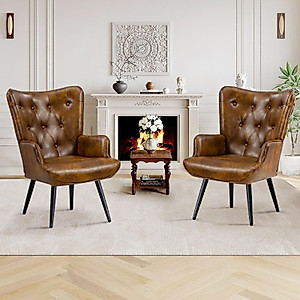 Furniliving PU Leather Accent Chair for Living Room, Upholstered Reading Chair with High Backrest, Tufted-Button Wingback Armchair for Bedroom, Dressing Room, Home Office, Brown