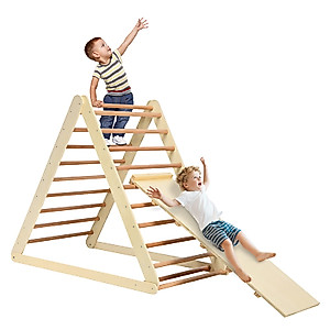 HONEY JOY Triangle Climber with Ramp, 2-in-1 Indoor Toddler Climbing Triangle Set with Ladder & Slide, Foldable Wooden Kids Climbing Toys for Playground, Gym & Daycare, Gift for Boys Girls (Natural)