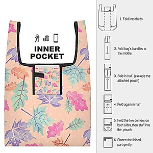 Pink Leaves Printed Reusable Grocery Bag with Handle Foldable Shopping Tote Bags Portable for Supermarket Camping