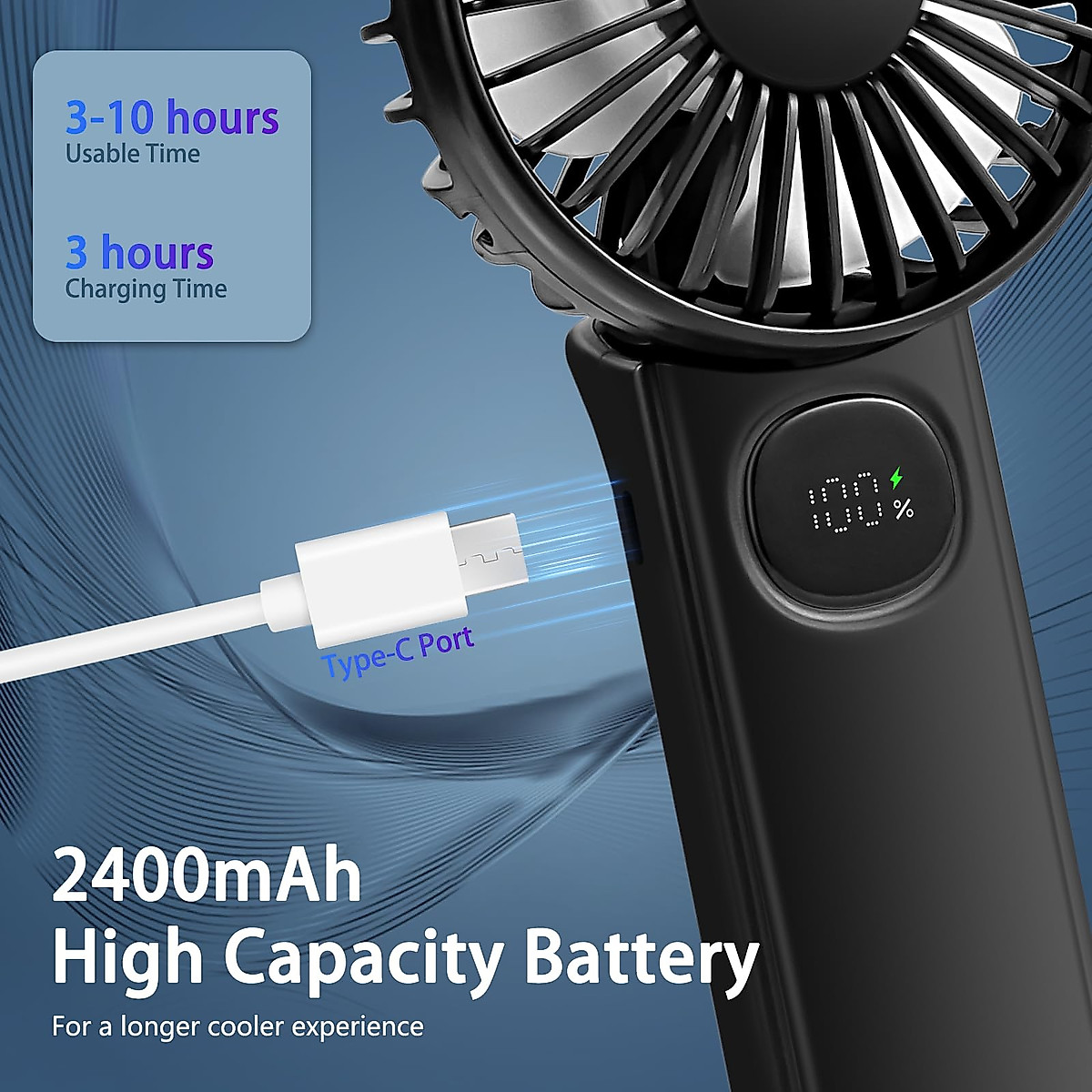 [2-packs Portable Handheld Fan] Personal Hand Held Fan for Travel, Foldable Eyelash Neck Fan with Digital Display, Lanyard, 5 Speeds, 180° Adjustable, 3-12h Working Time, Rechargeable Battery Operated