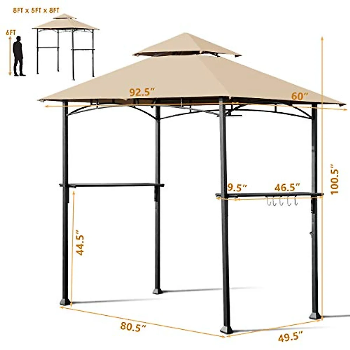Tangkula 8' x 5' Grill Gazebo, Outdoor Patio Barbecue Gazebo Shelter with LED Lights, 2-Tier Canopy Top Cover Grill Gazebo with Sturdy Steel Frame, Ideal for Gatherings, Parties (Khaki)