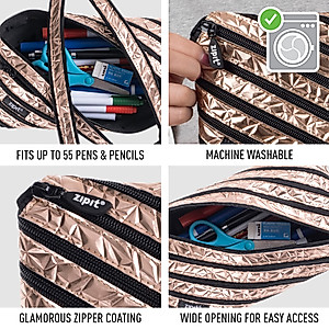 ZIPIT Metallic Large Pencil Case for Girls, Large Capacity Pouch, Holds Up to 60 Pens, Made of One Long Zipper! (Rose Gold)