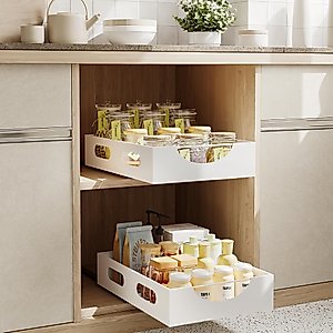NETEL 2 Packs Pull Out Cabinet Organizer Fixed With Adhesive Nano Film，Heavy Duty Slide Out Pantry Drawers for Kitchen Cabinets, Living Room, Bathroom,15.15" (L) x 10.82"(W) x 3.54"(H), White