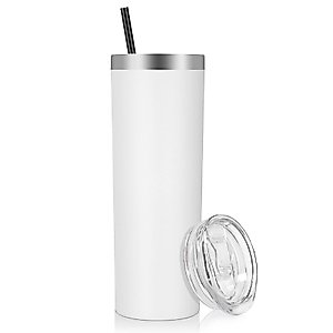 VEGOND Stainless Steel Skinny Tumbler, 20 oz Vacuum Insulated Tumbler with Lid and Straw, Double Wall Coffee Cup, Travel Mug for Cold Hot Drinks, White 1 Pack