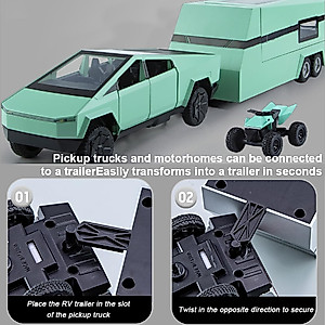 1/32 Diecast Pickup Trailer RV Model Toy Truck with Beach Motorcycle, Alloy Metal Pickup Truck Model Diecast Vehicles with Sound Light Pull Back, Birthday Gifts for Boys Adults (Green)