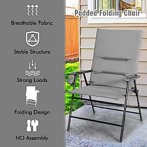 Tangkula Patio Chairs Folding Set of 2, No Assembly High Back Cushioned Heavy Duty Steel Frame Outdoor Chair with Cup Holder, Supports up to 330lbs, for Camping, Lawn, Garden, Yard, Picnic (Grey)