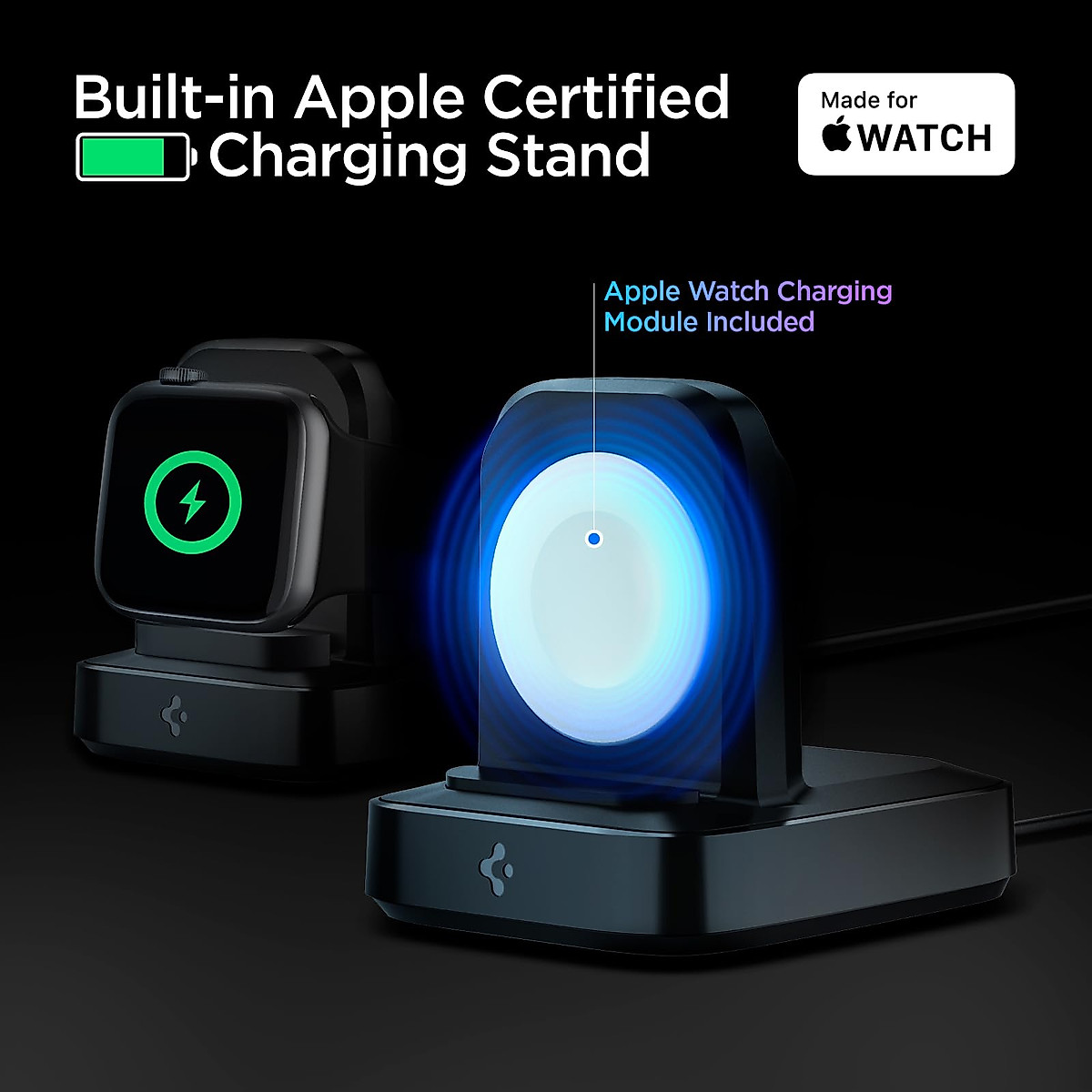 Spigen for Apple Watch Charger Stand [MFi Certified] Charger for Apple Watch Series 10/9/8/7/6/5/SE Ultra 2 49mm 45mm 44mm 42mm 41mm 40mm Nightstand Mode - Built in Charger&USB C Cable/No Adapter