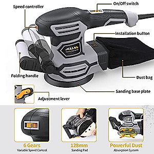 3.8A(450W) Orbital Sander, Jellas 6 Variable Speeds Double Handle Random Orbit Sander, 5-Inch Electric Sander with 18pcs Sandpapers, Dust Collector, Ideal Power Sander for Woodworking(OS450)