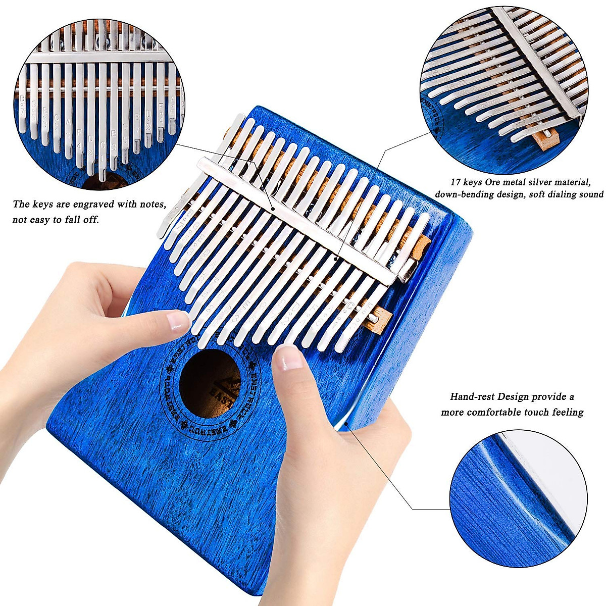 EASTROCK Kalimba Thumb Piano 17 Keys Portable Mbira Finger Piano with Waterproof Protective Case Kalimba Gifts for Kids Adults Beginners Professional (Blue Mahogany Hand Rest)