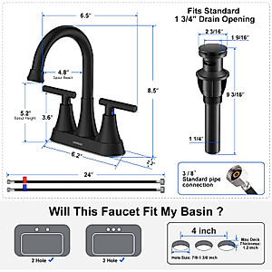 Matte Black Bathroom Sink Faucet with Pop-up Drain and Supply Hose, 4 inch Faucet for Bathroom Sink Vanity, Kitchen Faucet with Pull Down Sprayer, Kitchen Faucets for Sink 3 Hole Bar Rv Camper Laundry