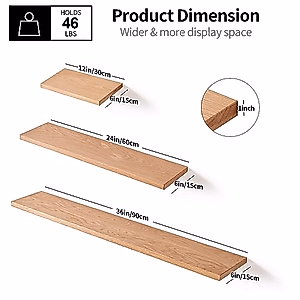 Conamily Oak Floating Shelves, 100% Solid Oak Wood 12inch Wall Mounted Natural Wood Wall Shelf Display Shelf for Home Office Living Room Bedroom Wall Storage Shelf