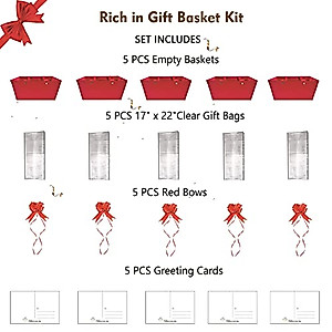 Baskets For Gifts Empty, 5 PCS Red Gift Bags With Handles DIY Kit, Gift Basket Empty To Fill Bulk For Party Favors Wedding Birthday Christmas Valentines Holiday Thank You