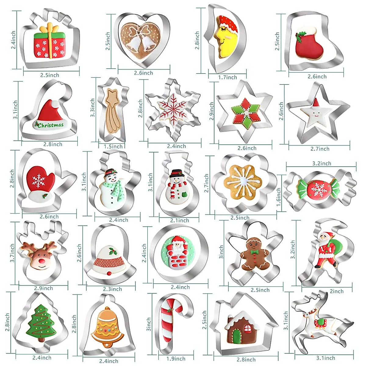 24PCS Christmas Cookie Cutter Set, Stainless Steel Xmas Biscuit Cutter Mold, DIY Baking Pastry Tool Small Biscuit Mold, Snowman Christmas Tree Gingerbread Man Snowflake Candy & More Shapes for Baking