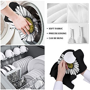 Vintage Daisy Floral Microfiber Kitchen Towels with Hanging Loop, Super Absorbent&Machine Washable Dish Towels Hand Towels for Home Kitchen Bars, 18 x 28 Inches, Flowers Farmhouse Black White
