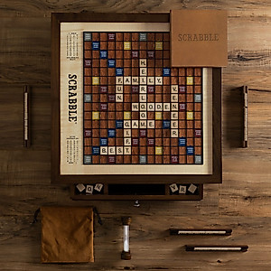 WS Game Company Scrabble Heirloom Edition with Rotating Solid Walnut Cabinet