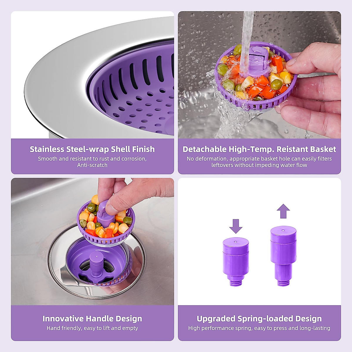 Hibbent Universal 3 in 1 Kitchen Sink Drain Strainer with Sink Stopper, Chrome Stainless Steel Wraped Shell, Anti-Clogging Basket Strainer, Foldable Handle, Fit for US Standard 3-1/2" Drain, Purple